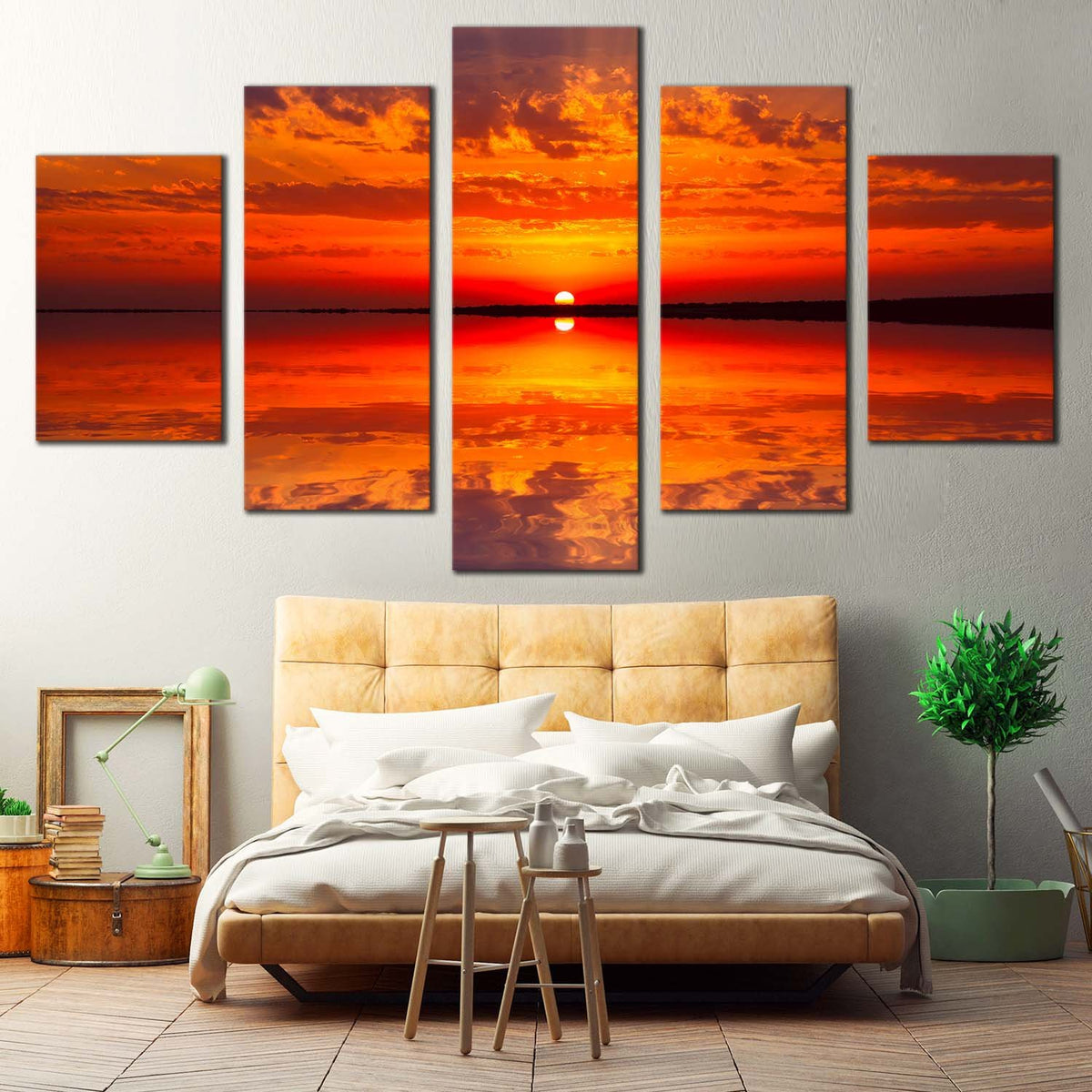 Ocean Sunset Canvas Wall Art Orange Red Cloudy Ocean Seascape 5 Piece
